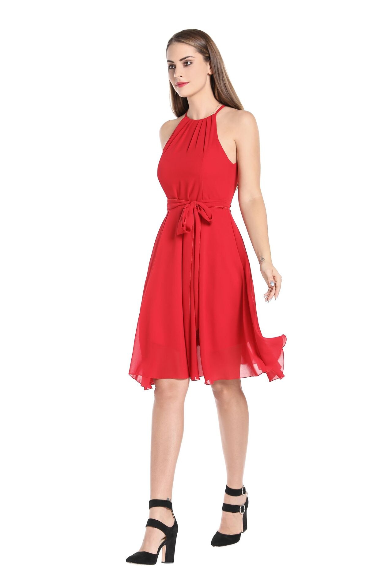 Red Spaghetti Strap Chiffon Summer Sleeveless Midi... – Grandado
