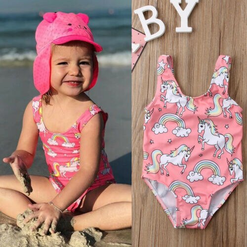 Unicorn Rainbow Print Pink Beachwear Baby Kids Gir... – Grandado