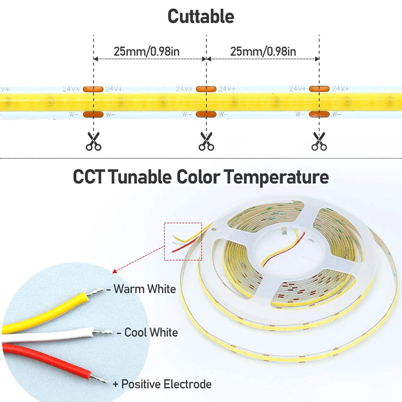 8mm Width CCT COB LED Strip Light 5V 12V 24V 2700K... – Vicedeal