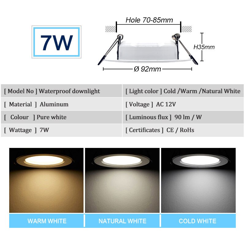 AC/DC 12V led downlight 7W led ceiling recessed co... – Grandado