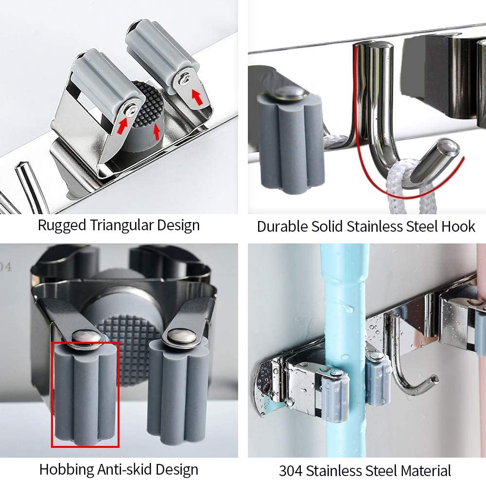 Mop and Broom Holder Wall Mount Stainless Steel Br... – Grandado