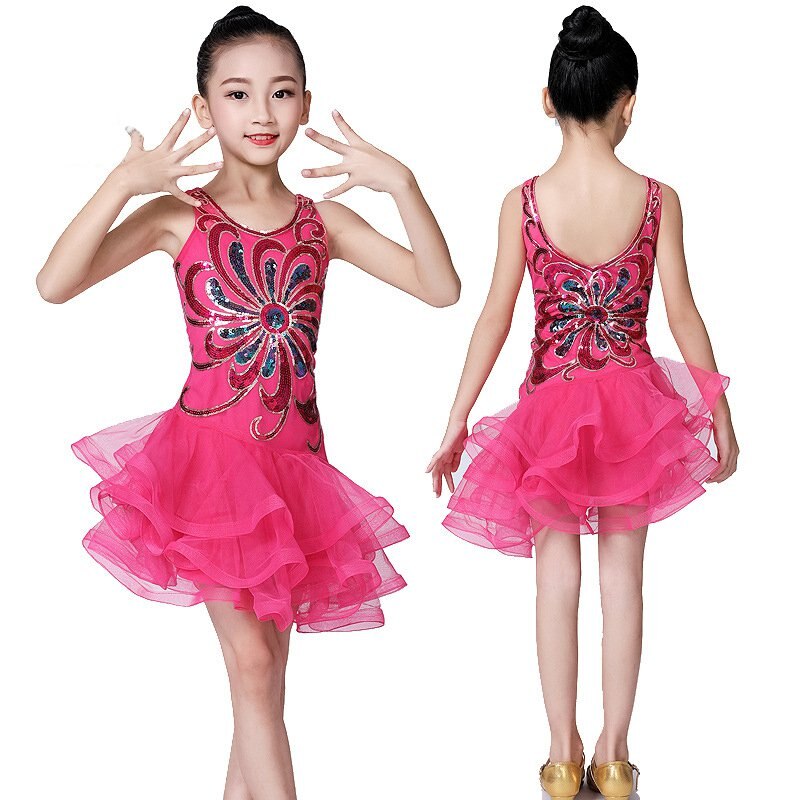 Children's Girl Dance Dress Solid Sequins Mid Mesh... – Vicedeal
