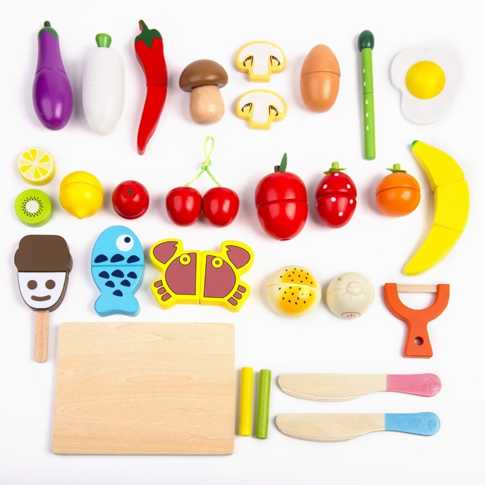 Play Food Set 30 Pcs Wooden Cutting Food Magnetic ... – Grandado