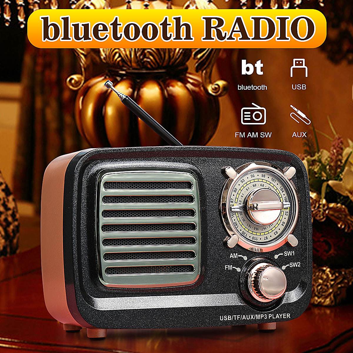 bluetooth Portable Retro Radio Bass Speaker FM AM ... – Grandado