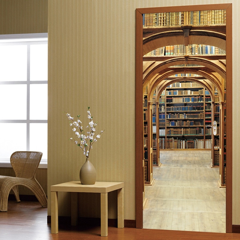 3D Door Sticker Modern Library Study Room Bookshel... – Grandado
