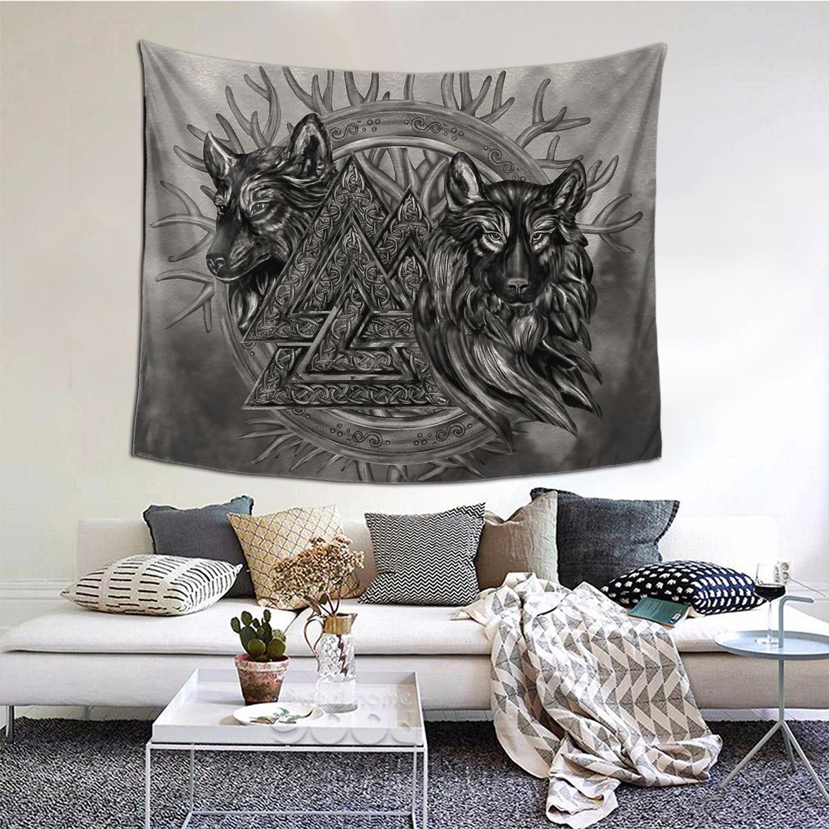 Valknut Symbol And Wolves Viking Tapestry Wall Han... – Grandado