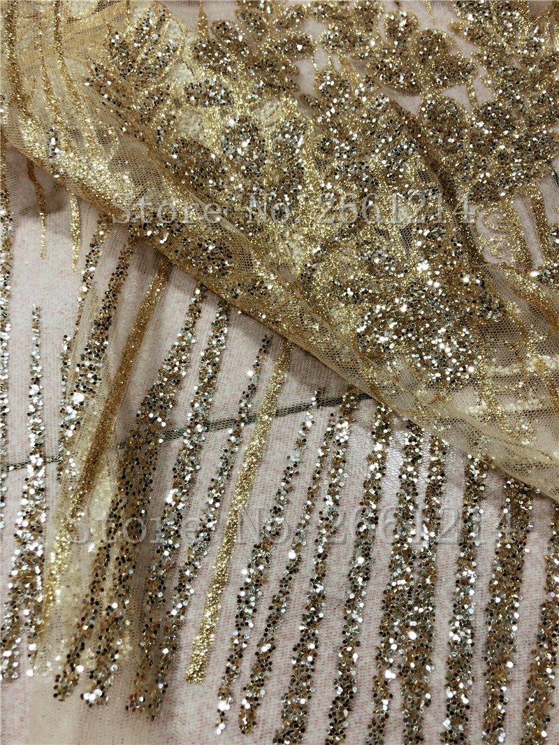 Gold Color Glued Glitter African Tulle Mesh Lace Fabric Best Nigerian