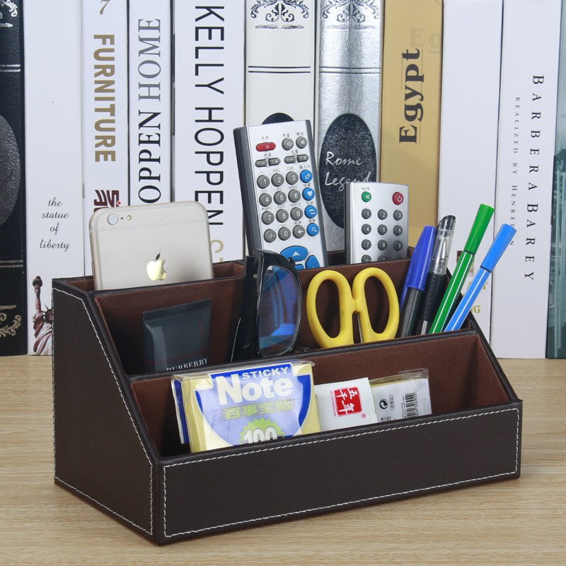 5-grid wooden leather desk pen pencil holder stati... – Vicedeal