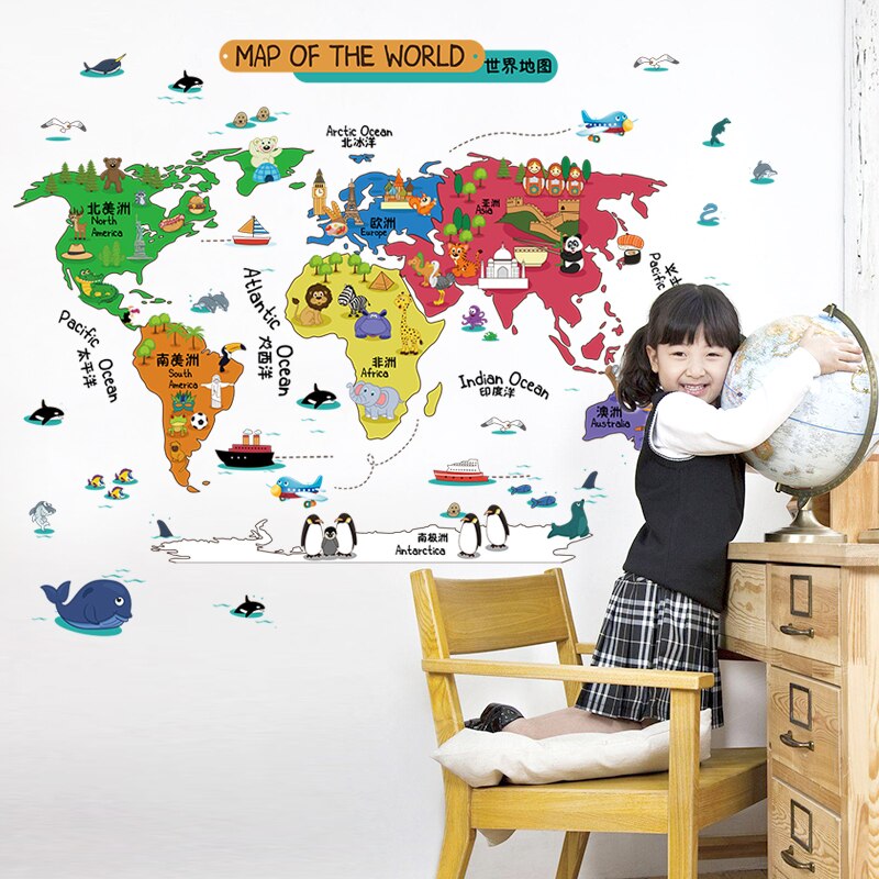 92*60cm Cartoon World Map Wall Stickers Colorful M... – Grandado