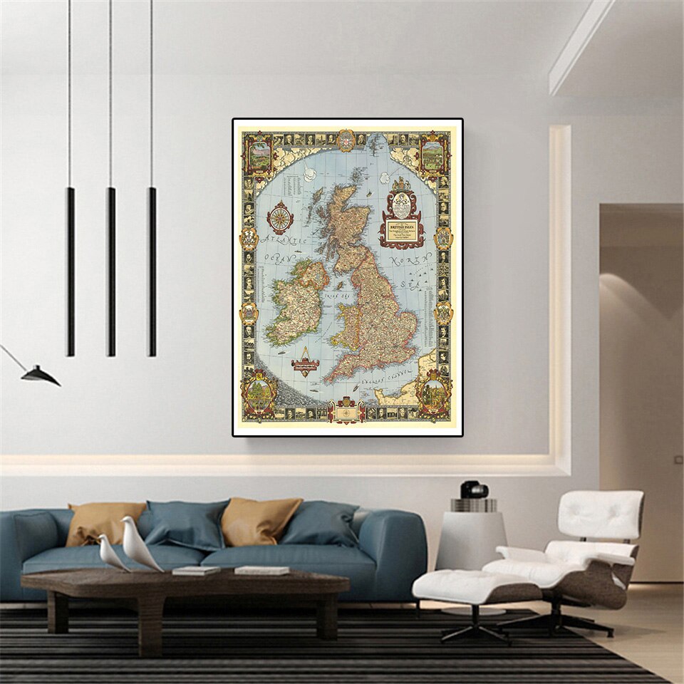 60*90cm 1937 The United Kingdom Map Vintage Wall A... – Grandado