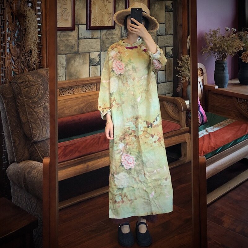 Johnature Women Ramie Dress Spring Stand Print Flo... – Grandado