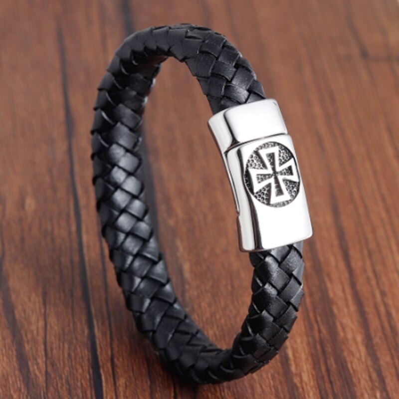 Vintage Leather Braided Bracelet Religious Cross S... – Grandado