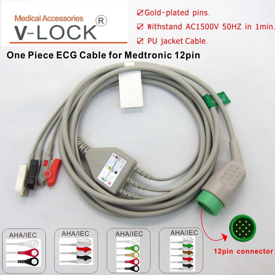 One-piece ECG cable with 3leads,clip for Medtronic... – Vicedeal