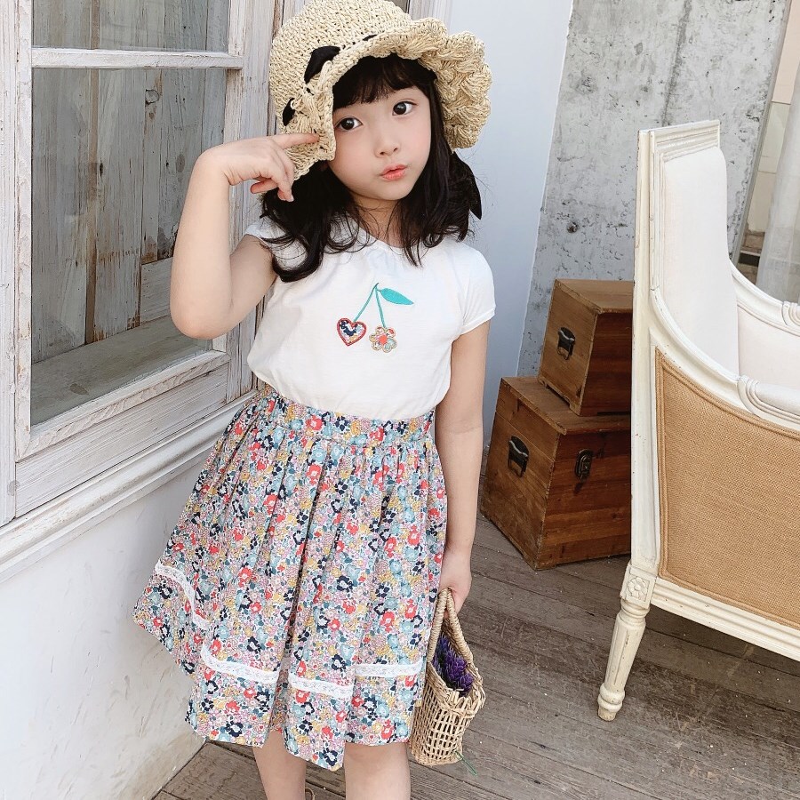 Pre Girls short skirt cherry floral print sweet gi... – Grandado