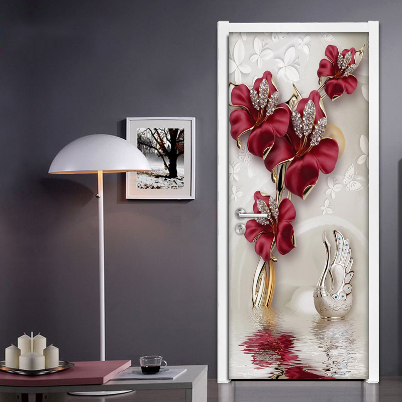 3D Door Stickers Home Decor Red Flower Butterfly J... – Grandado