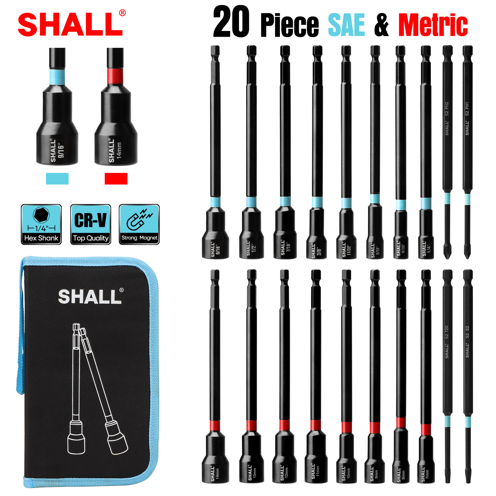 SHALL 20PCS Magnetic Nut Driver Set 150mm Long Nut... – Grandado