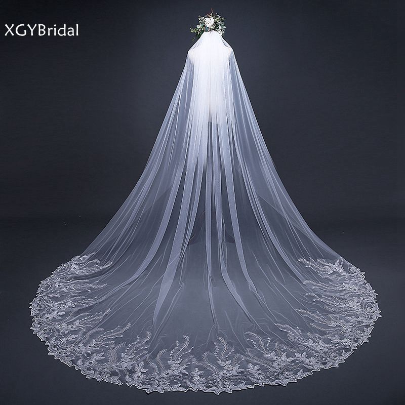 Real Photo Ivory Cathedral Wedding Veil Lace Appli... – Grandado
