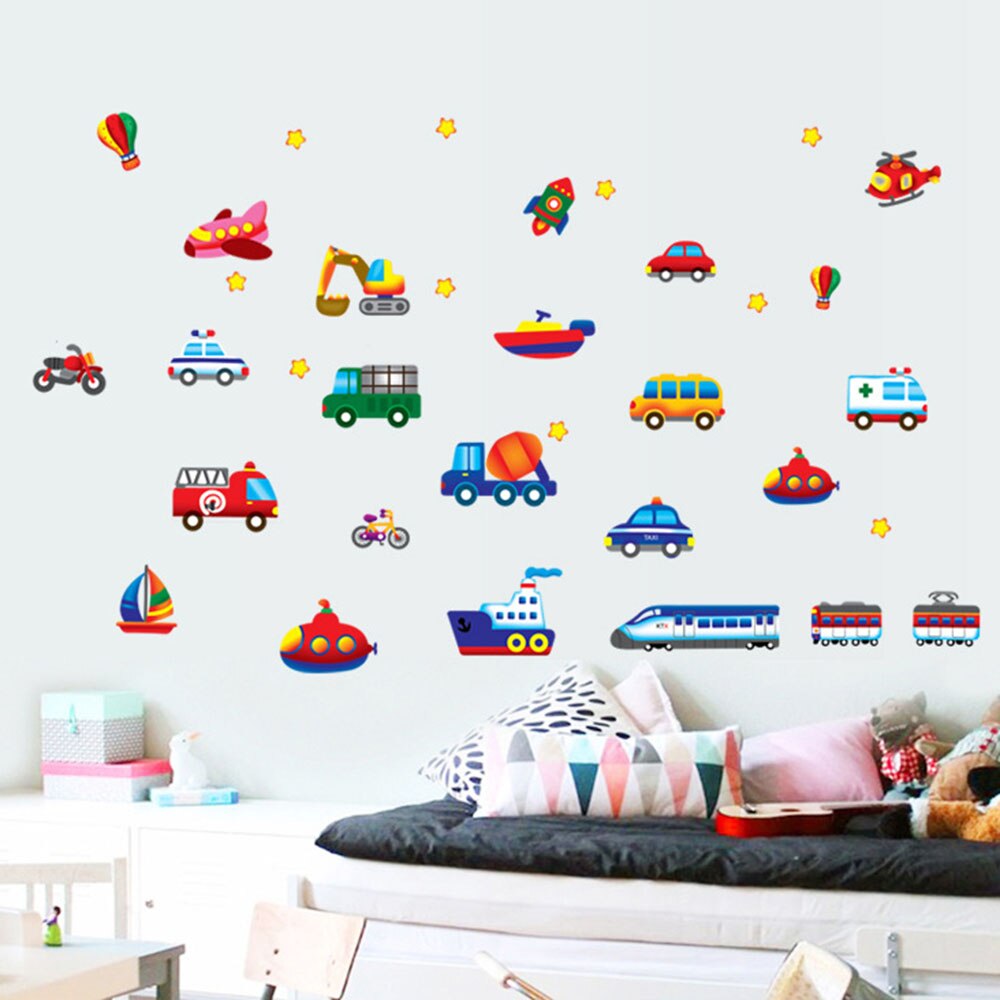 Cartoon Vehicles Pattern Stickers Kids Room Helico... – Grandado