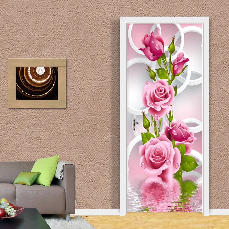 Door Sticker 3D Stereo Pink Flowers Circle Wallpap... – Grandado