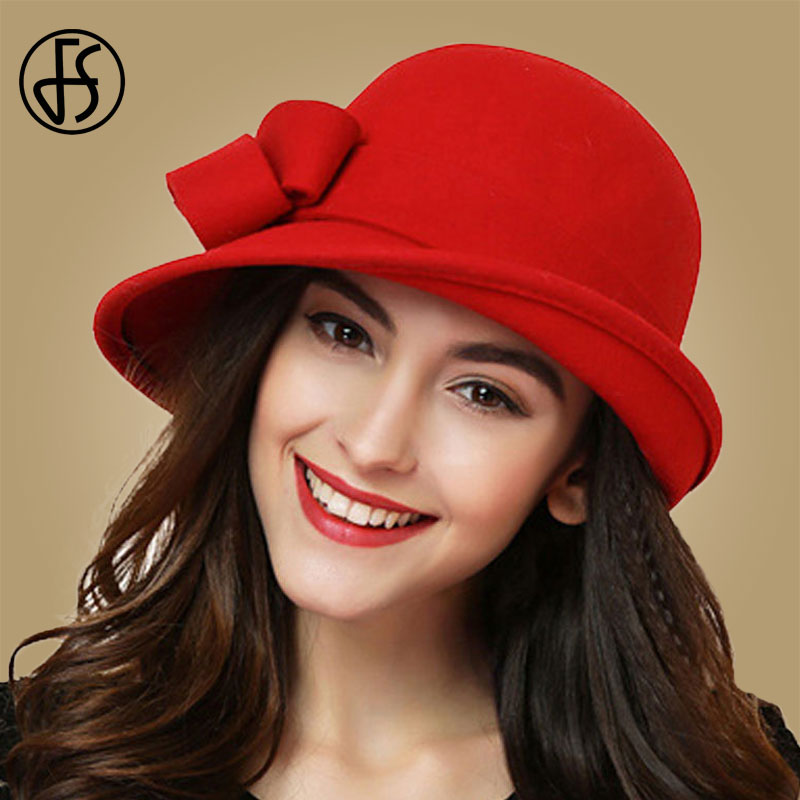FS Bowknot Ladies Wool Felt Bowler Black Red Fedor... – Vicedeal
