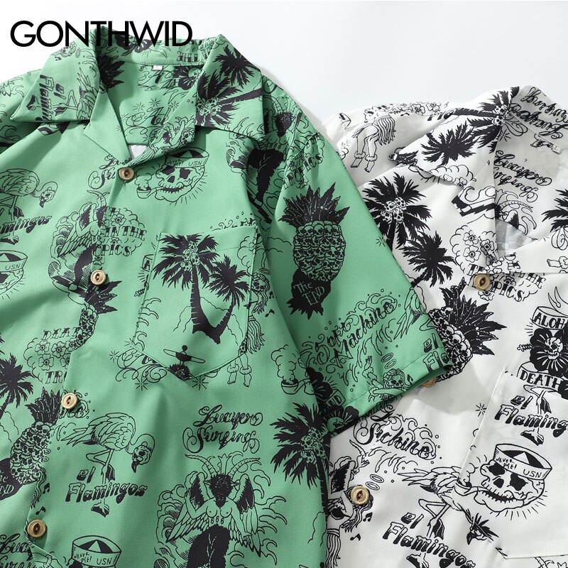 Gonthwid graffiti flamingo palm tree ananas skalle tryck hawaiiska ...