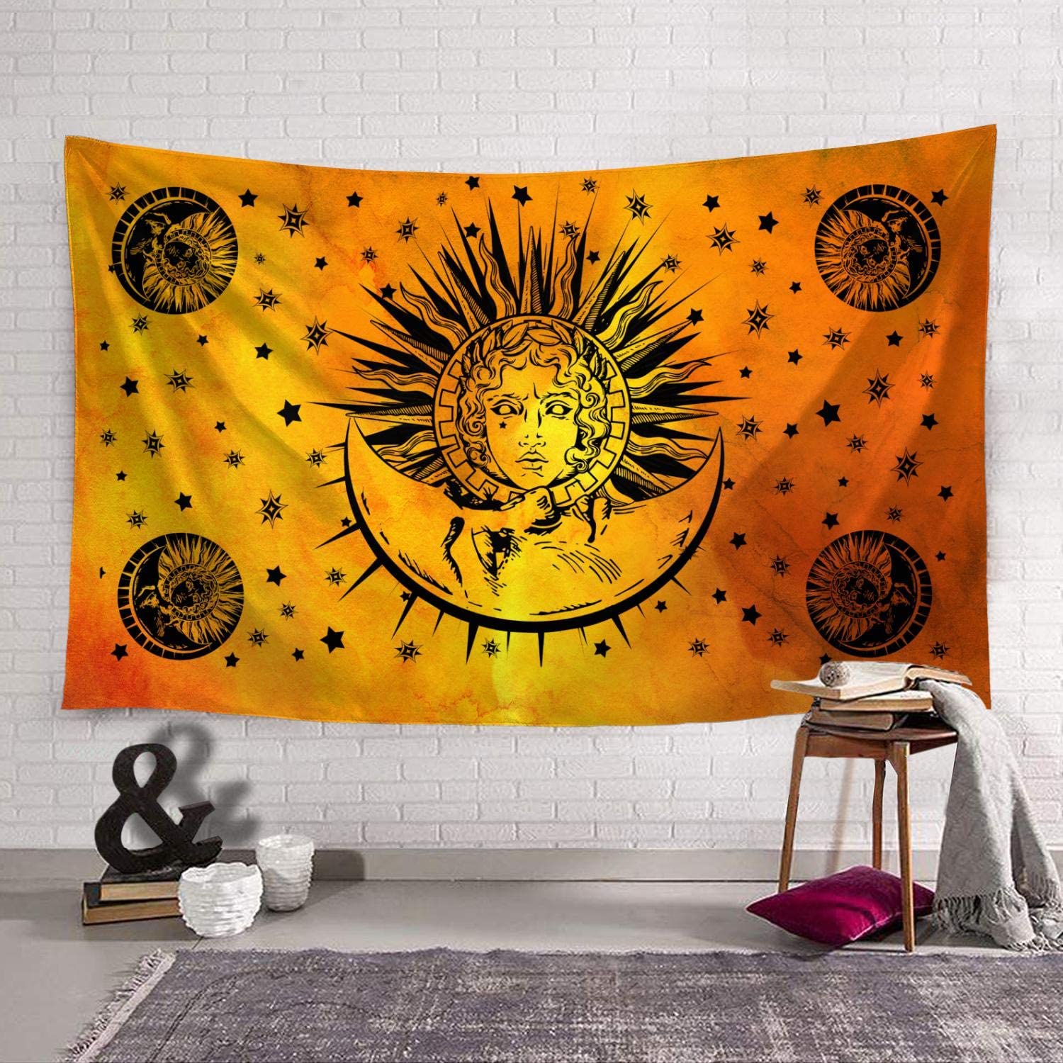 Orange Black Sun Moon Tapestry Wall Hanging Hippie... – Grandado