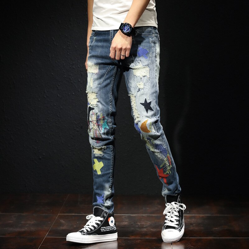 Streetwear män jeans tryckta broderier elastiska r... – Grandado