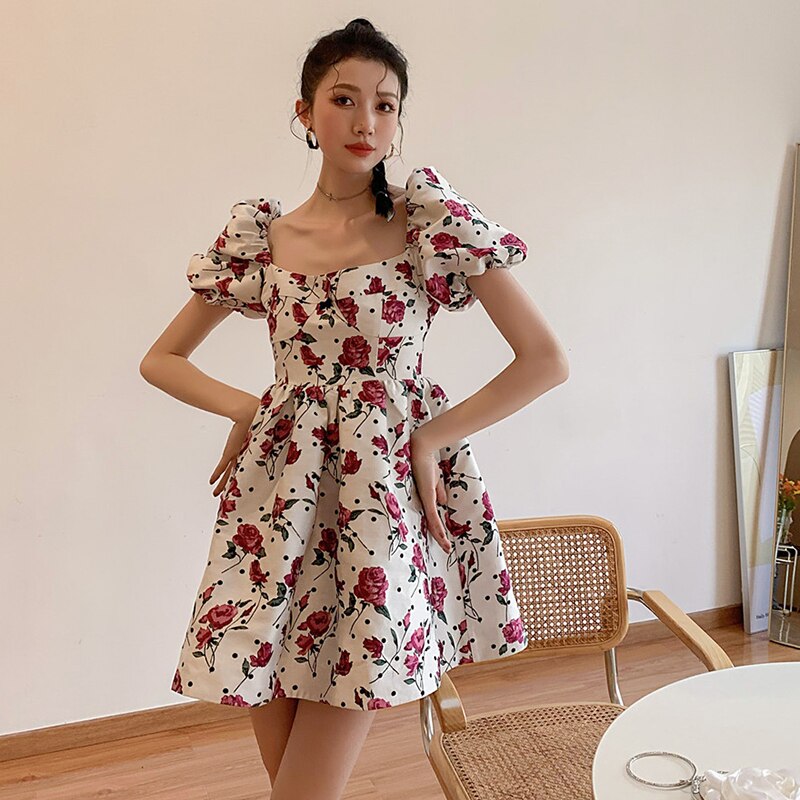 Summer French Floral Print Square Collar Dress Wom... – Grandado