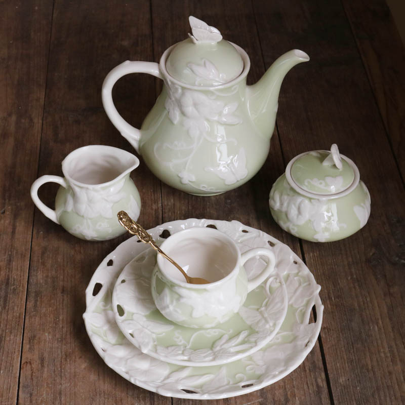 Light Green Relief Morning Glory Fresh Tea Set/Des... – Grandado