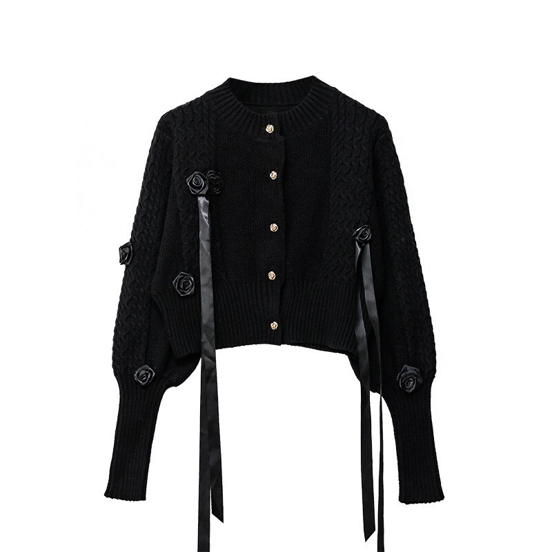 Fall Winter Rose Ribbon Cardigan Women Knitted Swe... – Grandado