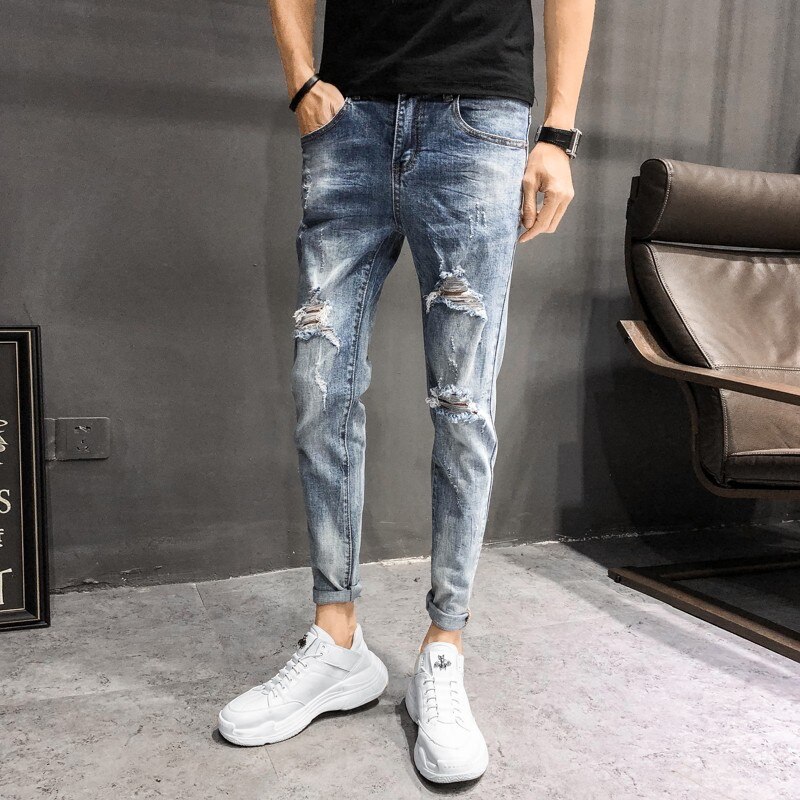Mens Cool Brand Blue Jeans Skinny Ripped Destroyed... – Grandado
