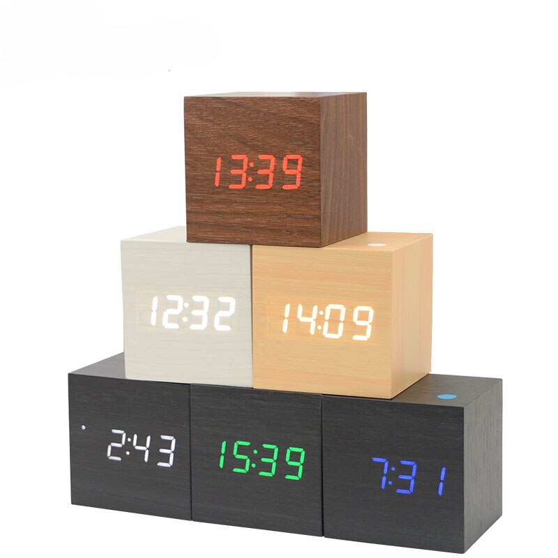 Cube Wooden LED Alarm Clock Despertador Temperatur... – Vicedeal