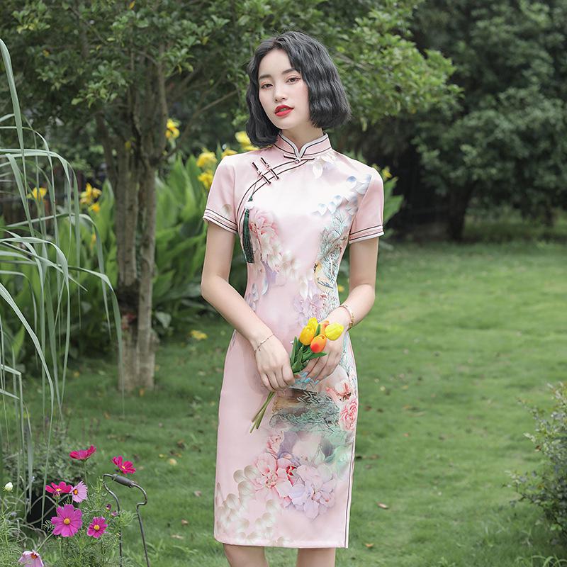 Sexy Pink Lady Cheongsam Novelty Print Flower Shor... – Grandado