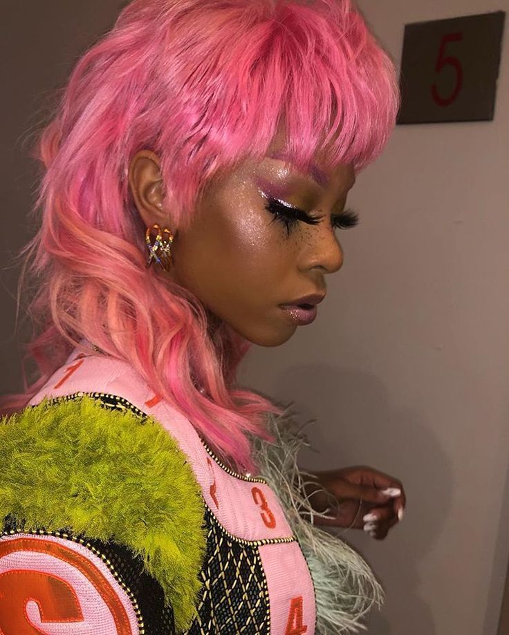 Pink Mullet With Bangs Women Short Wave Curly Part... – Grandado