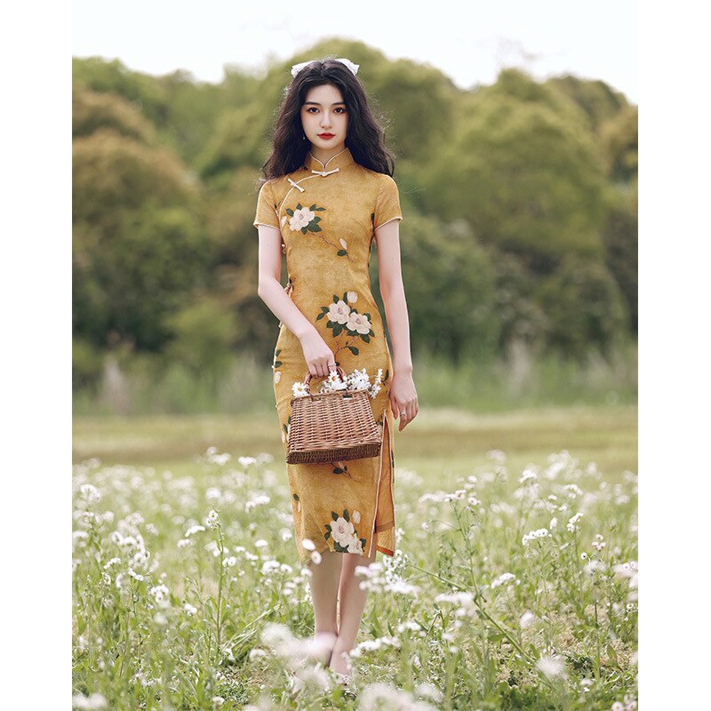 Green Yellow Cheongsam Summer Long Vintage Dresses... – Grandado