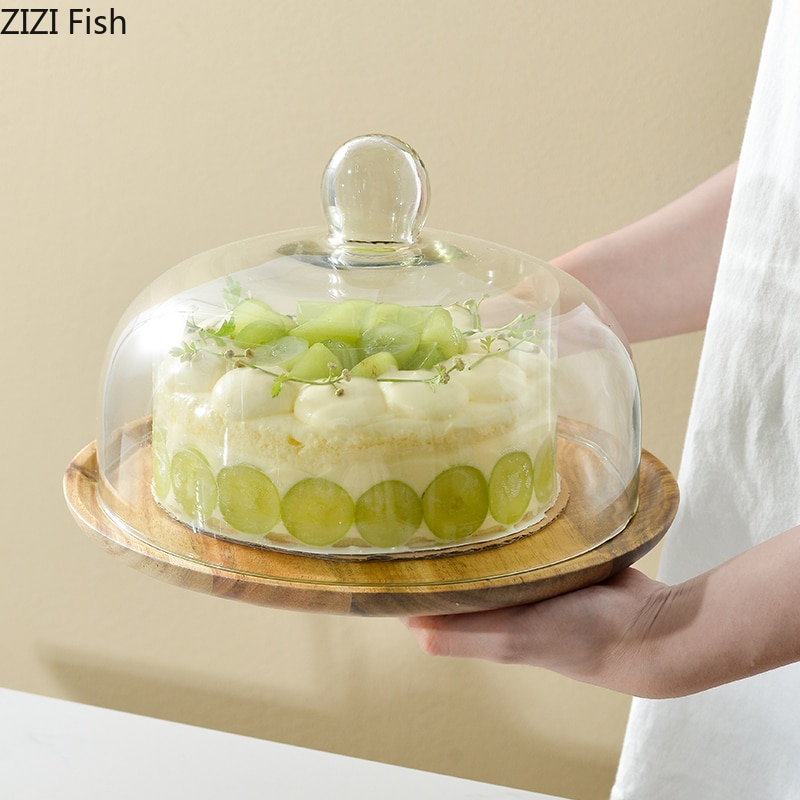 Wooden Tray with Glass Cover Round Cake Tray Nordi... – Grandado