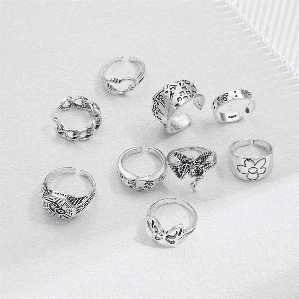 9Pcs Vintage Gothic Ring Set Exaggerated Hollowing... – Grandado