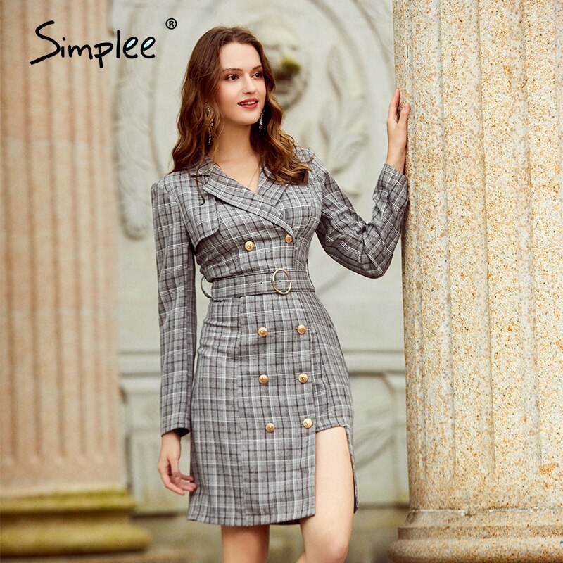 Simplee plaid double breasted belt women dress Lef... – Grandado