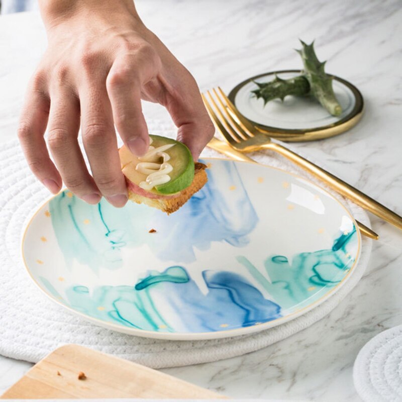 Gold Inlay Art Dinner Plate Ceramic Fruit Snack Ca... – Grandado