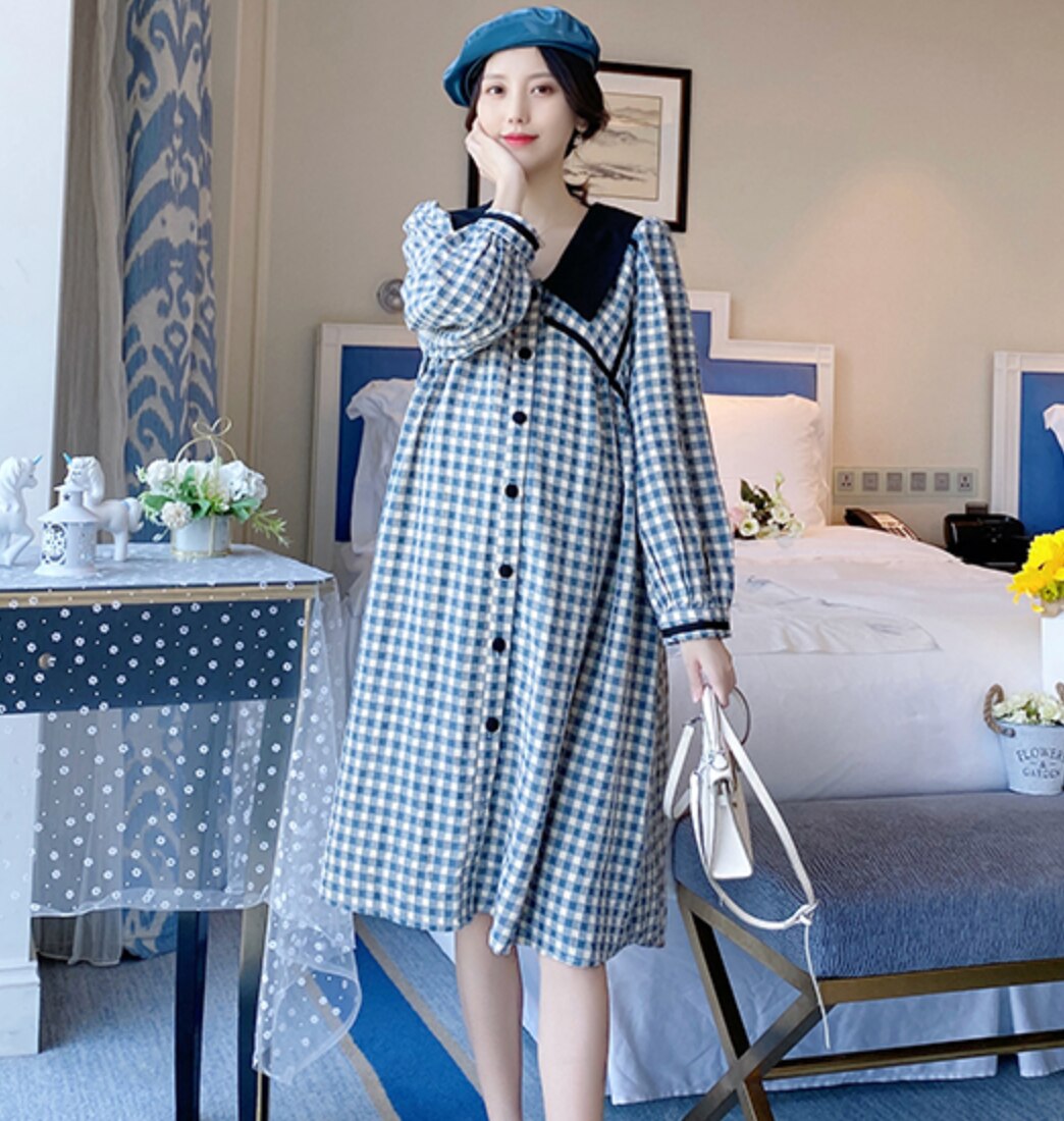 3302# 2022 Spring Korean Plaid Maternity Dress Chi... – Grandado