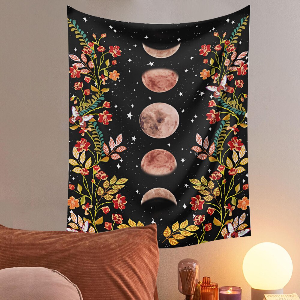 Moon Phase Tapestry Wall Hanging Flowers Moon Blac... – Grandado