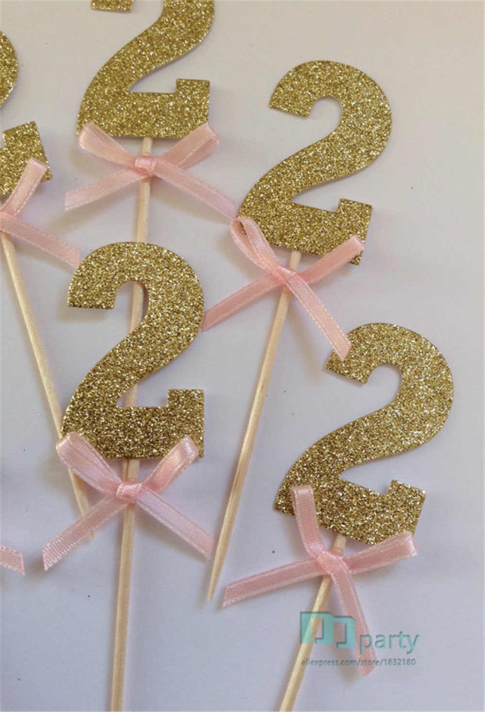 Goud Glitter Nummer 2 Cupcake Toppers Met Roze Boog, Goud 2nd ...