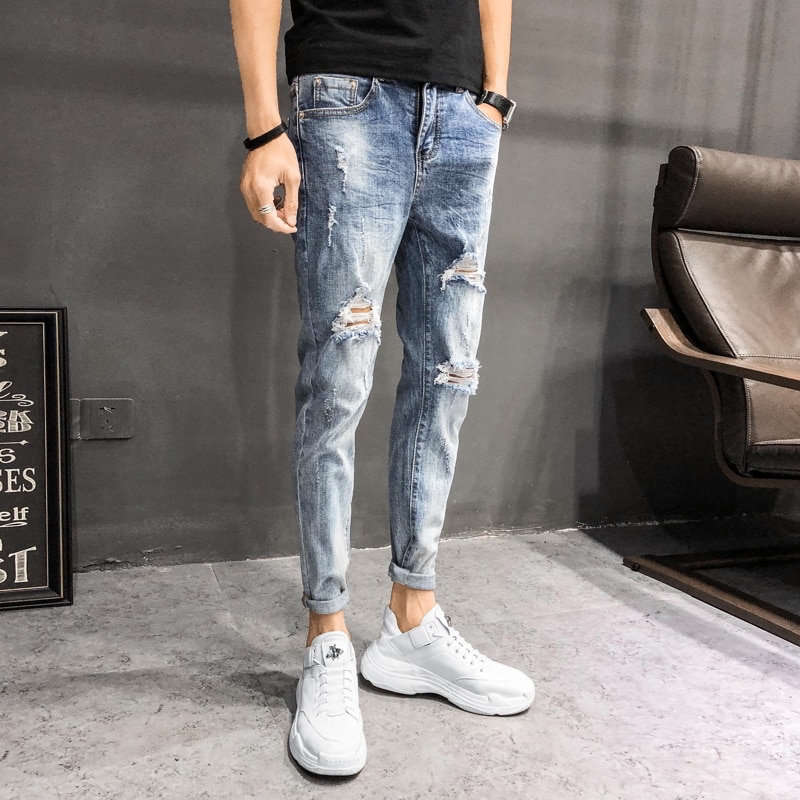 Mens Cool Brand Blue Jeans Skinny Ripped Destroyed... – Grandado