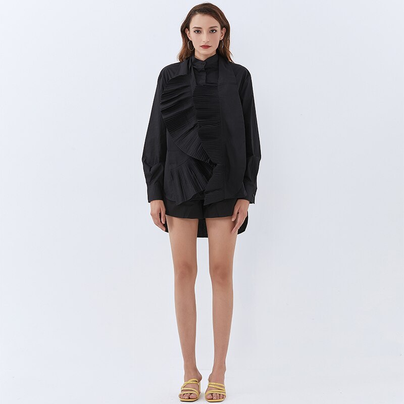 VGH Patchwork Ruched Ruffle Shirt For Women Stand ... – Grandado