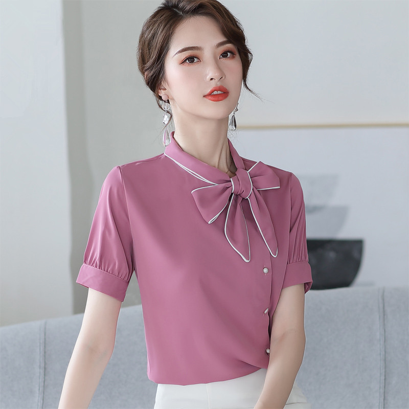 Pink Shirt Women Summer Temperament Bow Short Slee... – Grandado