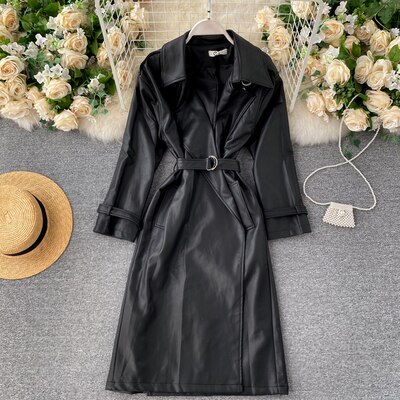Autumn Winter Long Leather Trench Coat For Women L... – Grandado