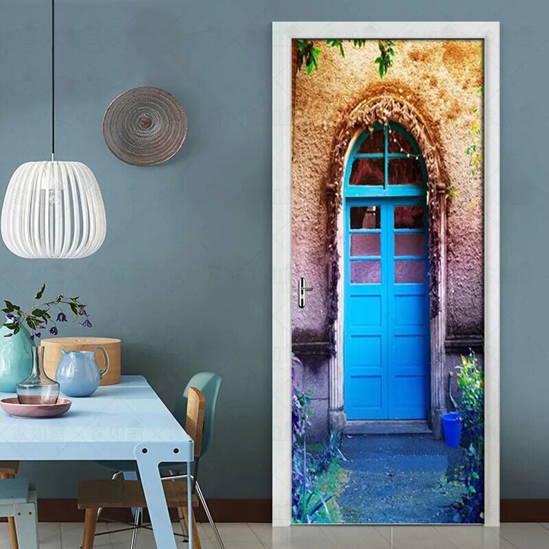 2pcs/set Retro Blue Door DIY Door Stickers 3D Mura... – Grandado