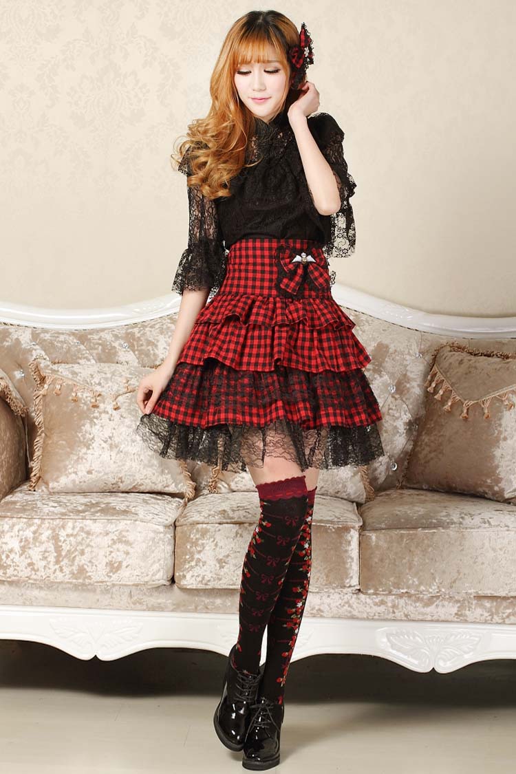 Sweet College Style Punk Plaid Black and Red Layer... – Vicedeal