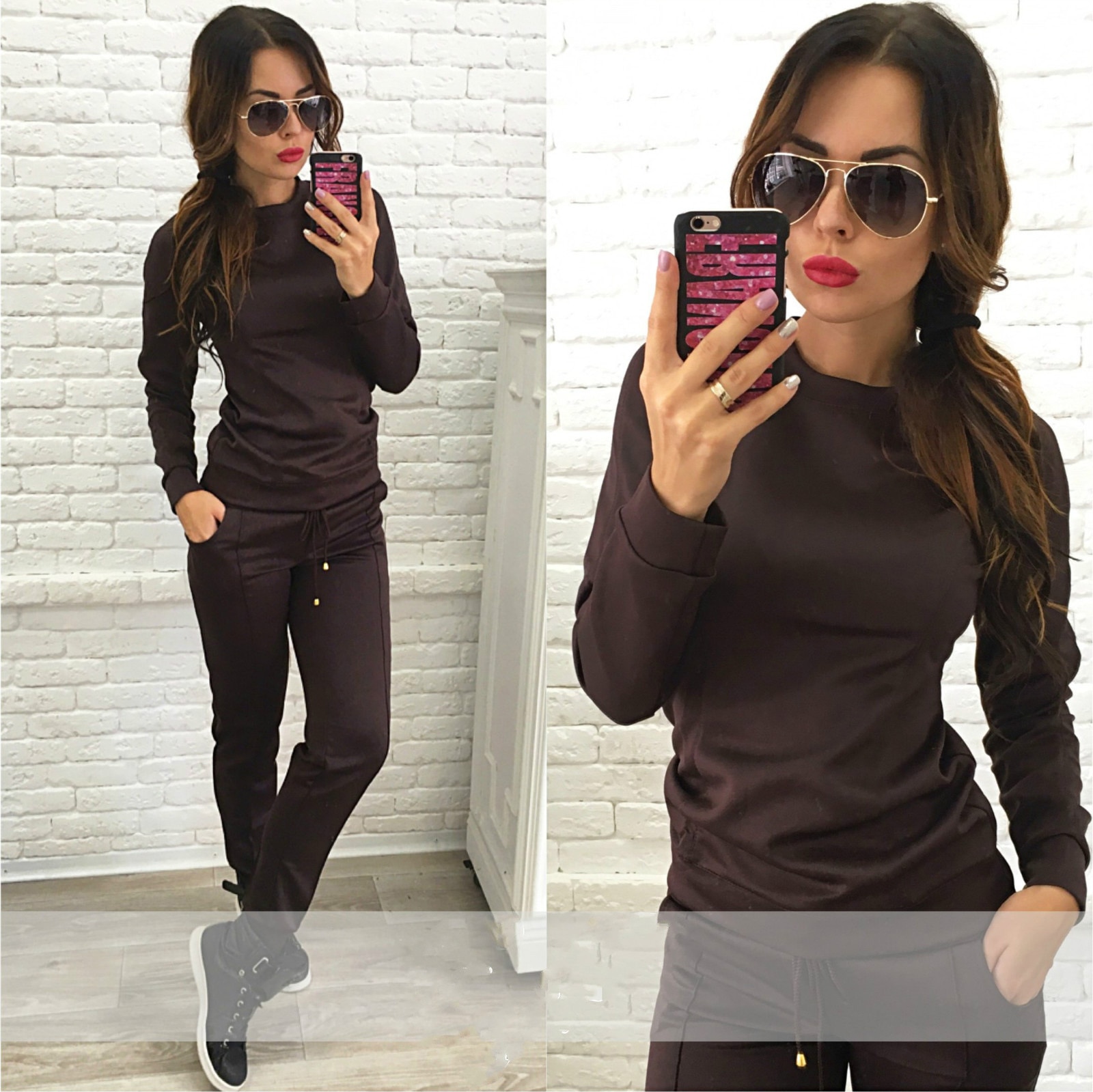 Solid Brown Suit Set Women Tracksuit Two-piece Sty... – Vicedeal