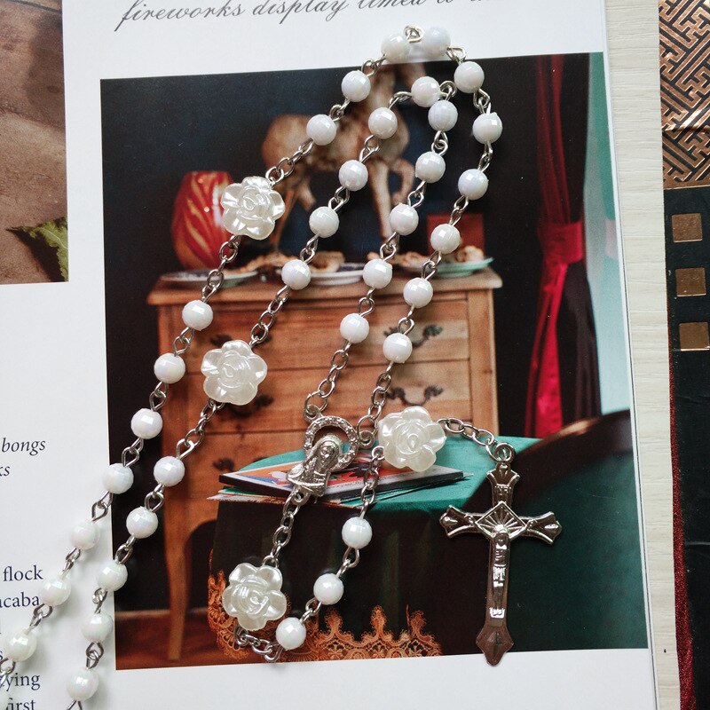 QIGO White Rose Plastic Rosary Necklace Long Jesus... – Grandado